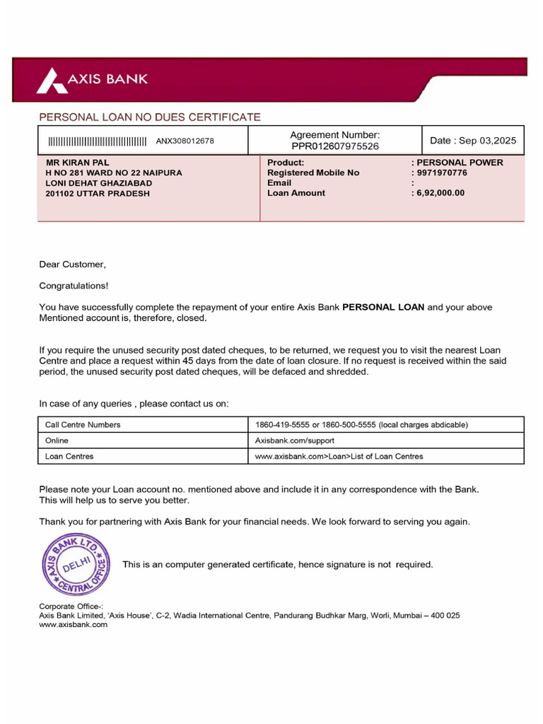 Axis Bank Noc PFD | PDF