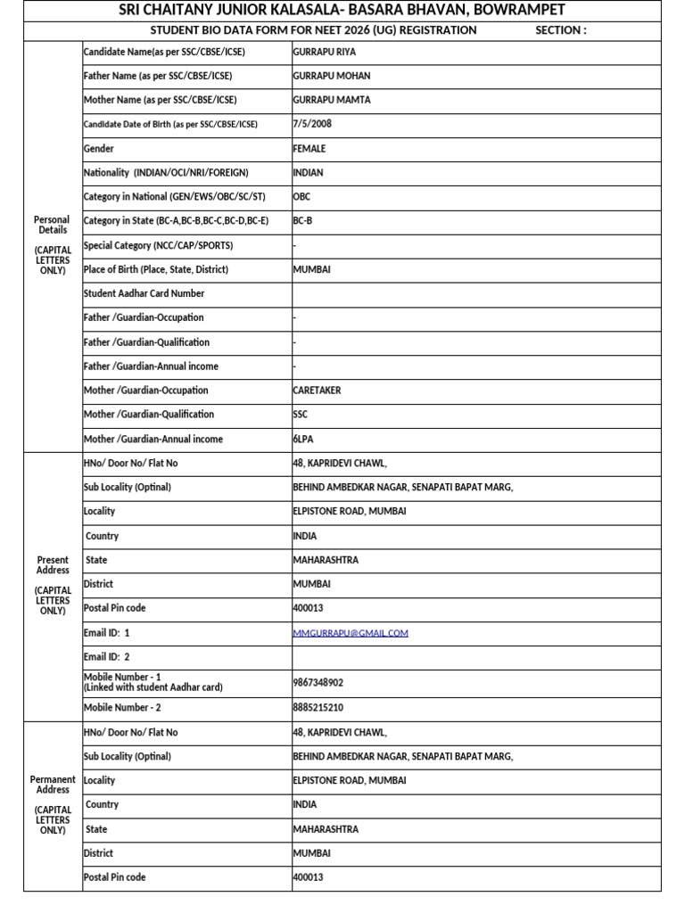 NEET 2026 Student Bio Data Form | PDF | Educational Institutions ...