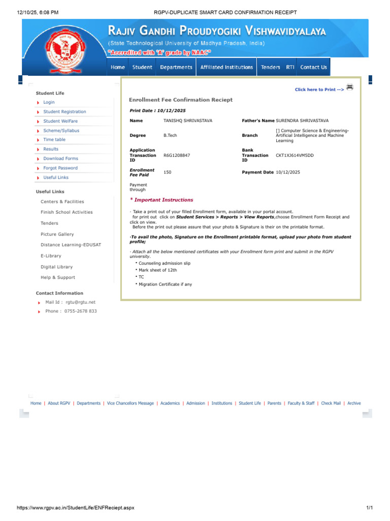 Rgpv-duplicate Smart Card Confirmation Receipt | PDF | Receipt | Computing
