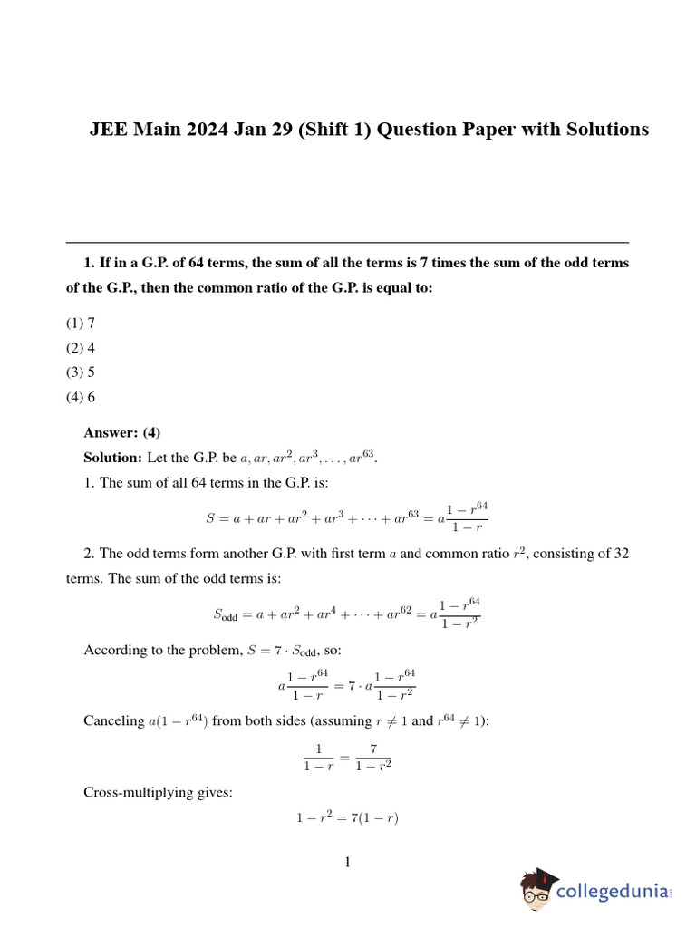 Watermarked JEE Main 2024 Jan 29 Shift 1 Question Paper With Solutions ...