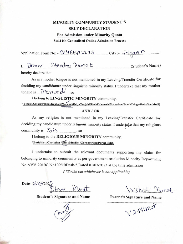 Self Declaration For Minority Quota | PDF