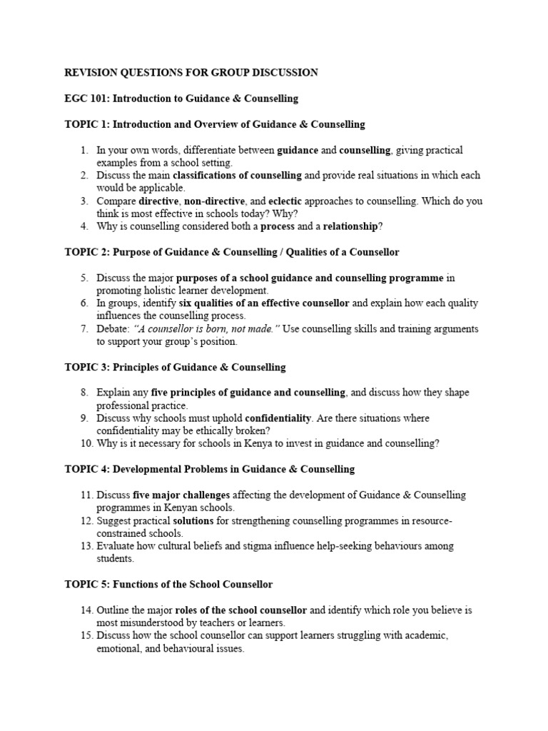 Guidance & Counselling Discussion Questions | PDF | School Counselor ...