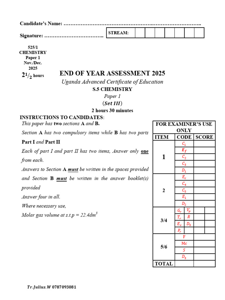S.5 Chemistry End of Year Assessment 2025 | PDF | Chemical Equilibrium ...