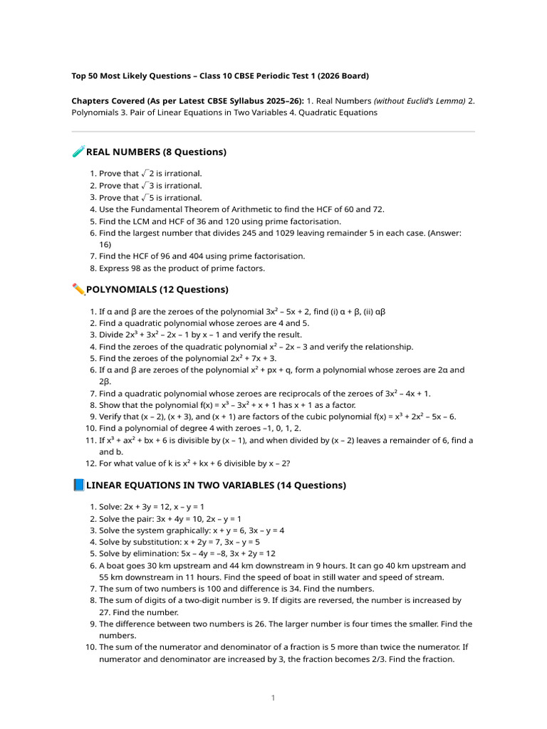 Cbse Class10 Pt1 Questions (3) | PDF | Factorization | Polynomial