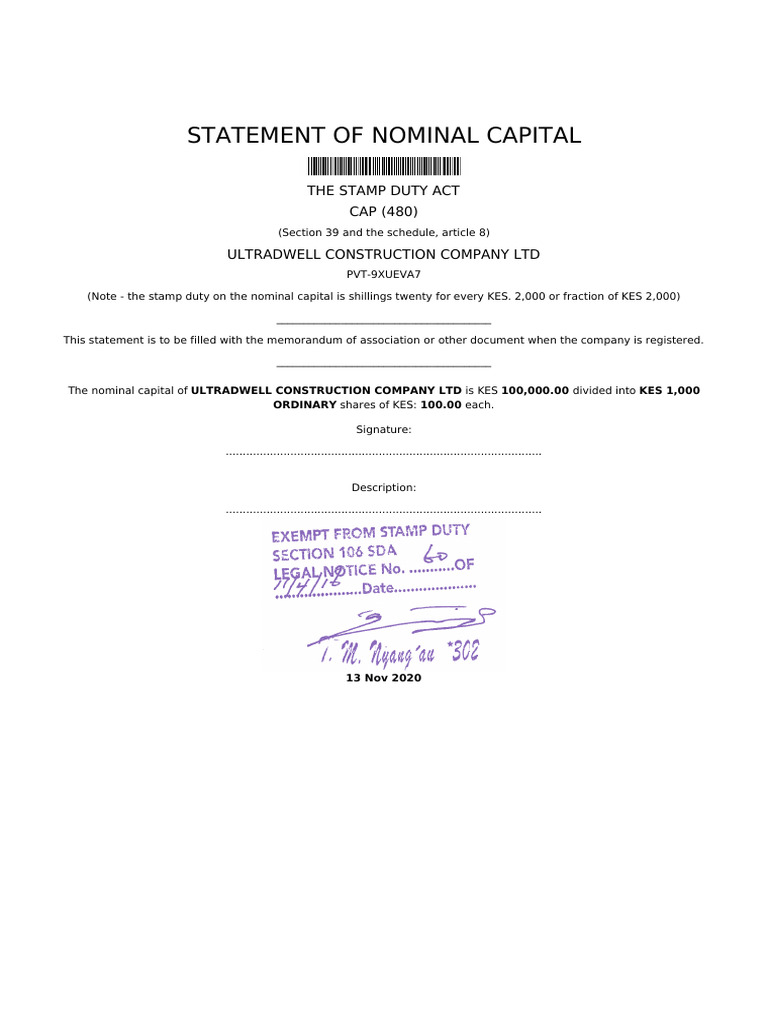 Nominal Capital Statement for ULTRADWELL | PDF