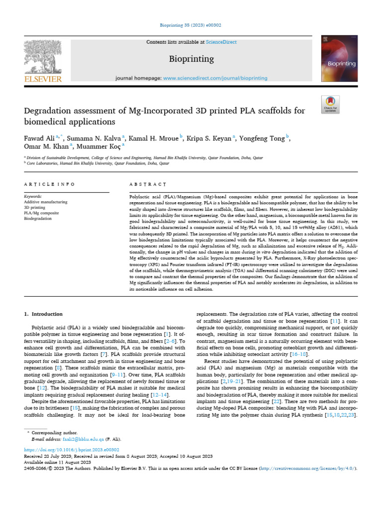 Mg-Enhanced PLA Scaffolds for Biomedicine | PDF | Tissue Engineering ...
