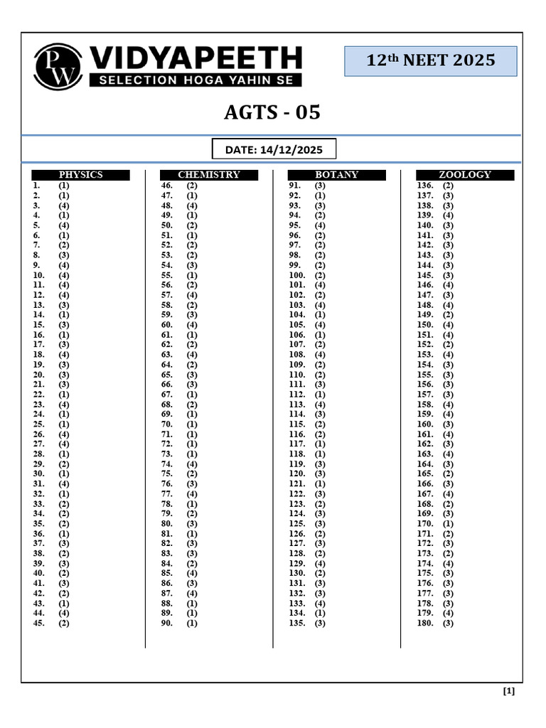 AGTS-5_12th NEET_(14-12-2025)_Answer Key | PDF