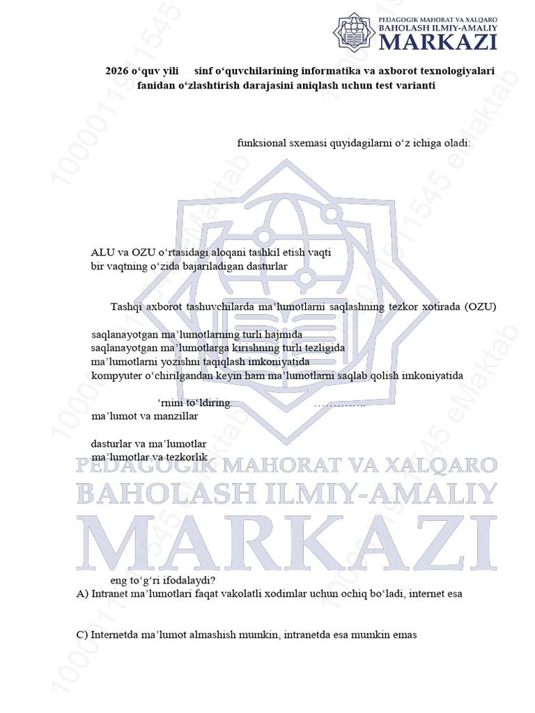 9-Sinf Informatika CHSB-1 Demo | PDF