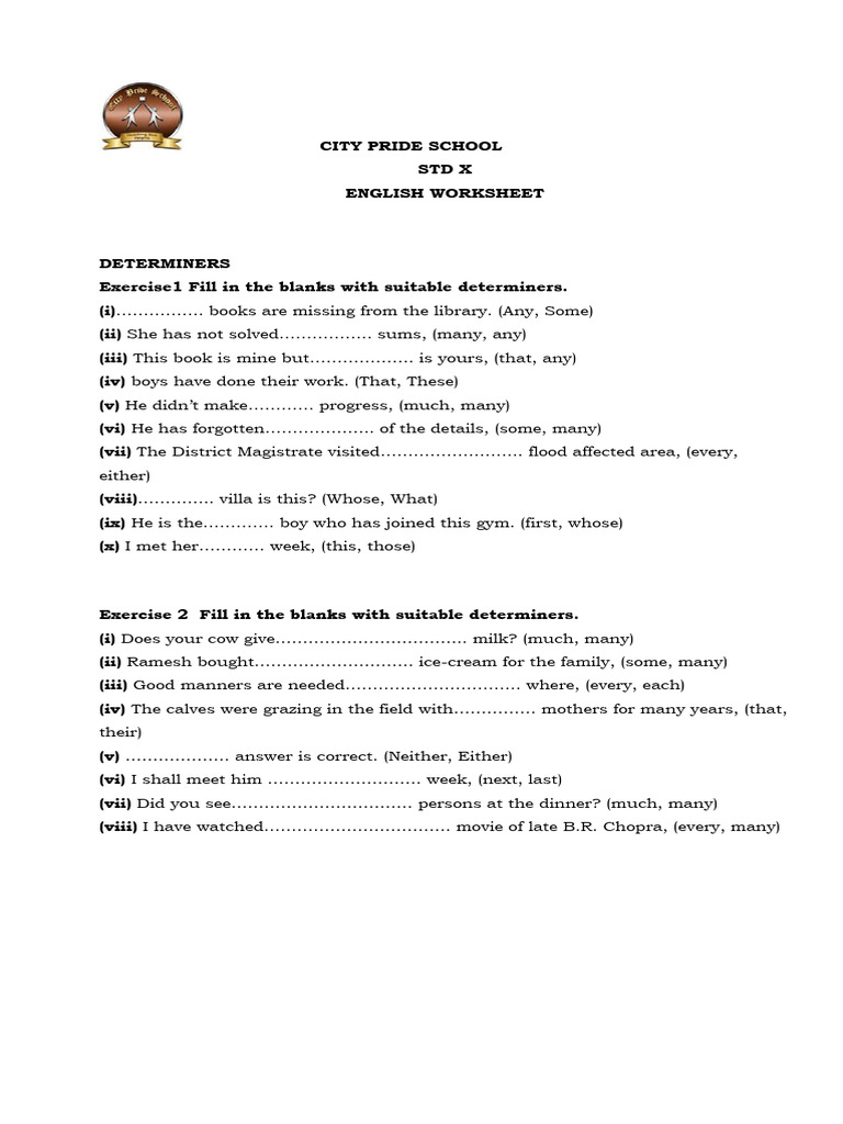 Determiners Worksheet - STD X | PDF