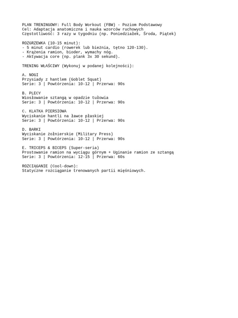 Plan Treningoey FBW | PDF