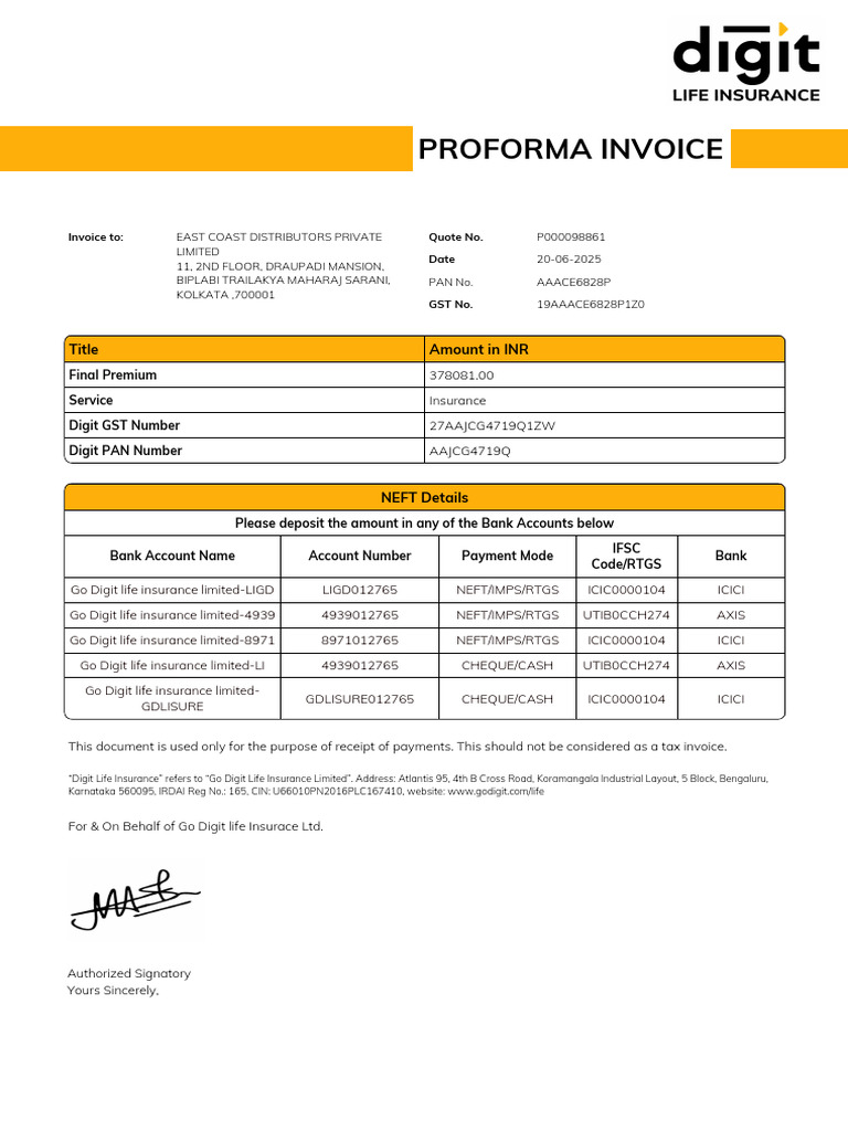 Proforma Invoice for Insurance Payment | PDF | Life Insurance ...