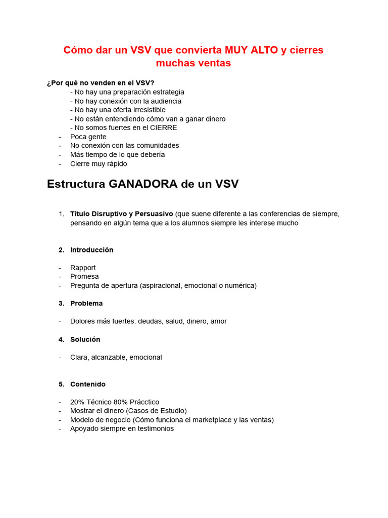 Cómo Dar Un VSV Que Convierta MUY ALTO y Cierres Muchas Ventas | PDF