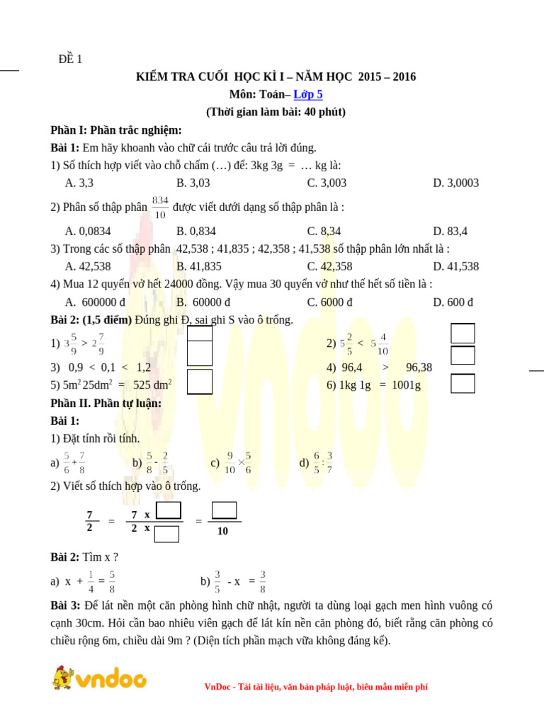 Bo 32 de Thi Hoc Ki 1 Mon Toan Lop 5 | PDF