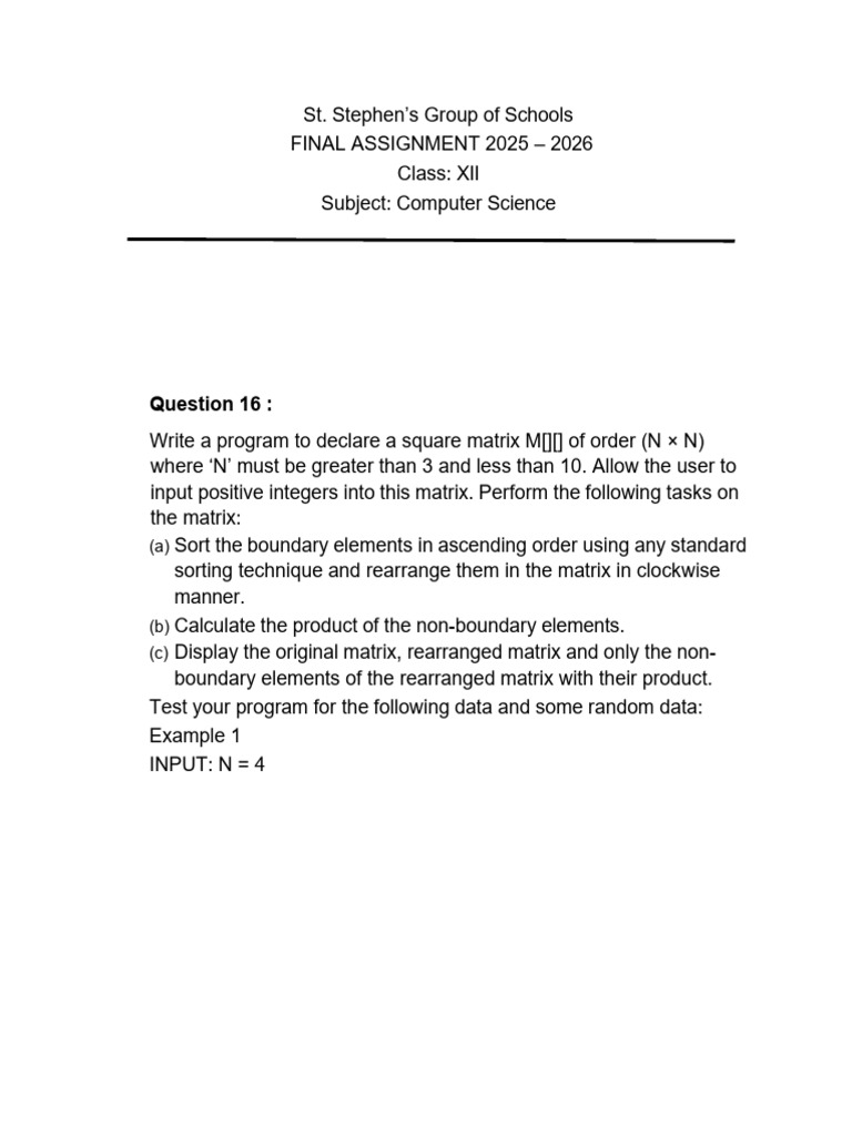 Computer Science Assignments for Class XII | PDF | Numbers | Matrix ...