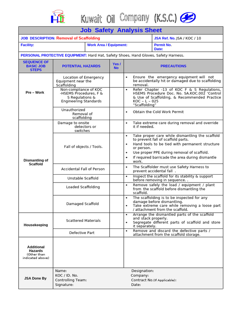 Pdfcoffee.com Job Safety Analysis Sheet Removal of Scaffolding PDF Free | PDF | Scaffolding ...