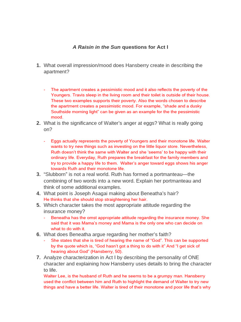 A Raisin in the Sun Questions for Act I (1) (1) | PDF