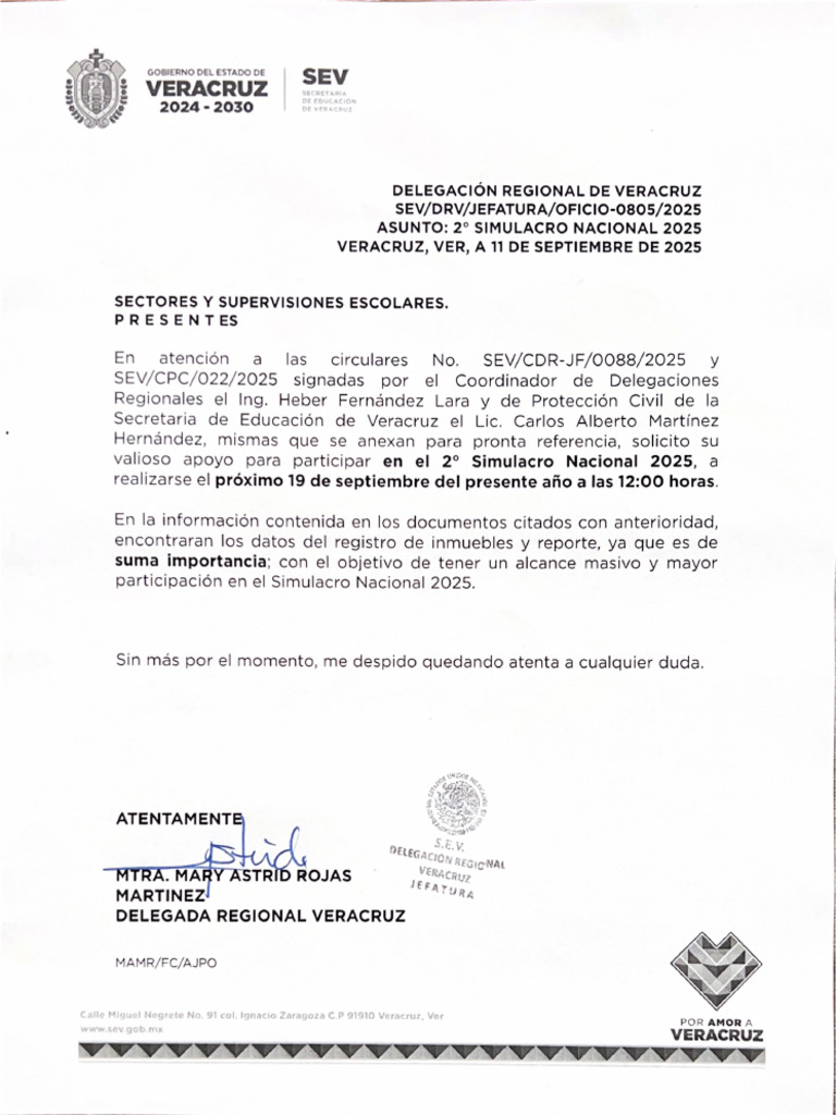 110925 Oficio 0805 2o. Simulacro Nacional 2025 | PDF