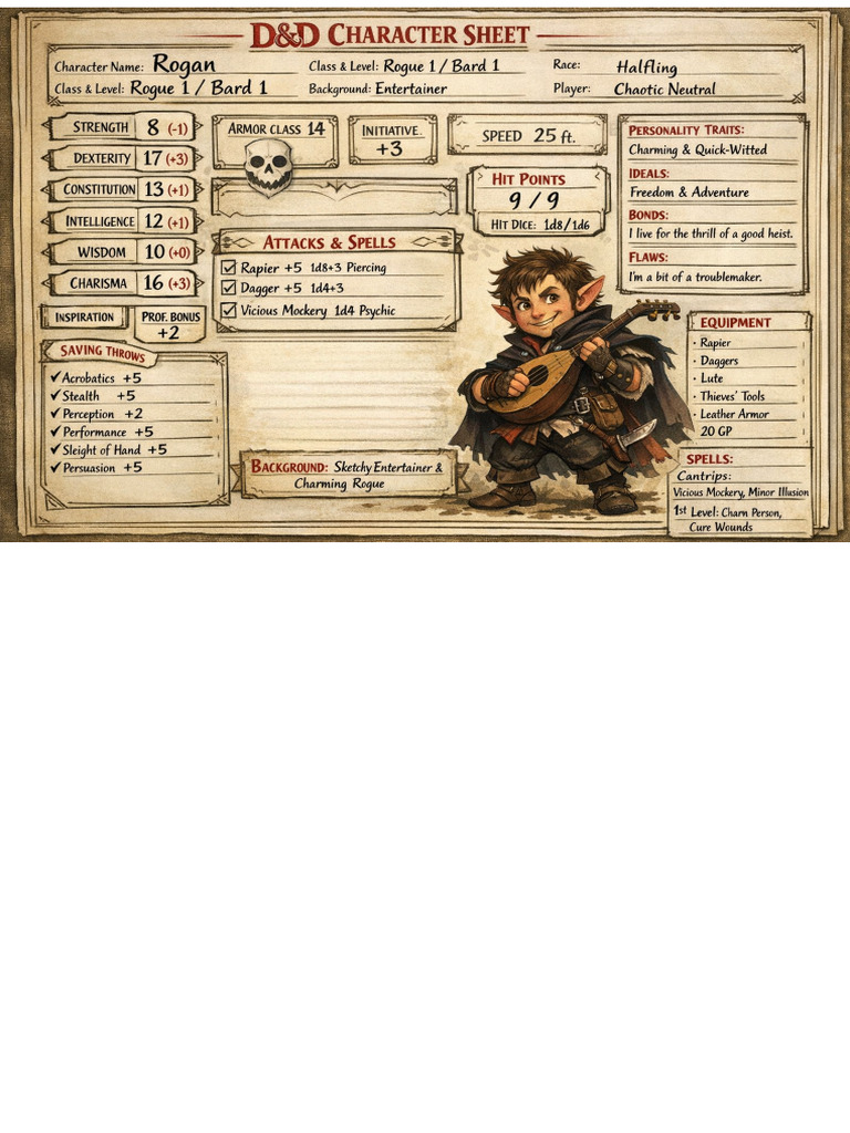 Rogan Halfling Rogue Bard Character Sheet A4 FullPage 2 | PDF
