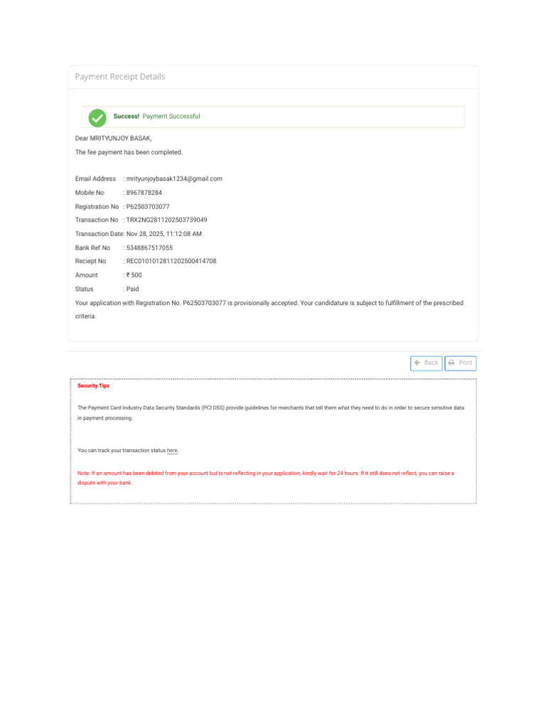 Payment Receipt Confirmation for MRITYUNJOY BASAK | PDF