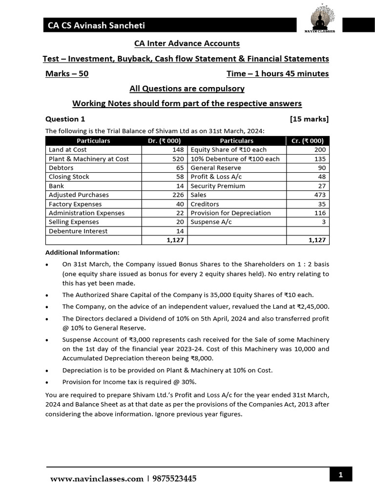 Adv Acc - AP - Inv, BB, Cfs & Fs | PDF | Dividend | Income Statement