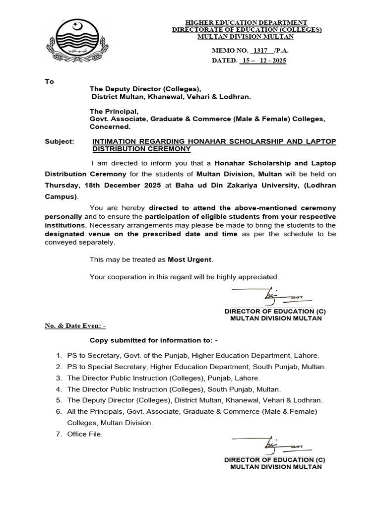 Intimation Regarding Honahar Scholarship and Laptop Distribution ...