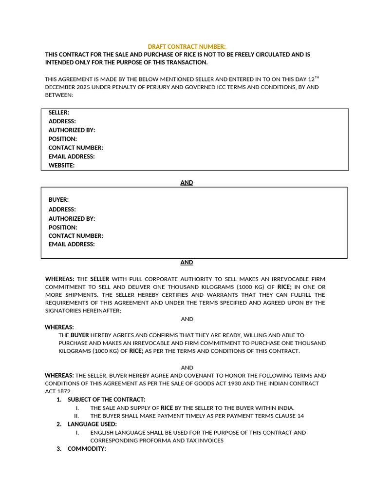 Rice Sale and Purchase Contract 2025 | PDF | Arbitration | Receipt