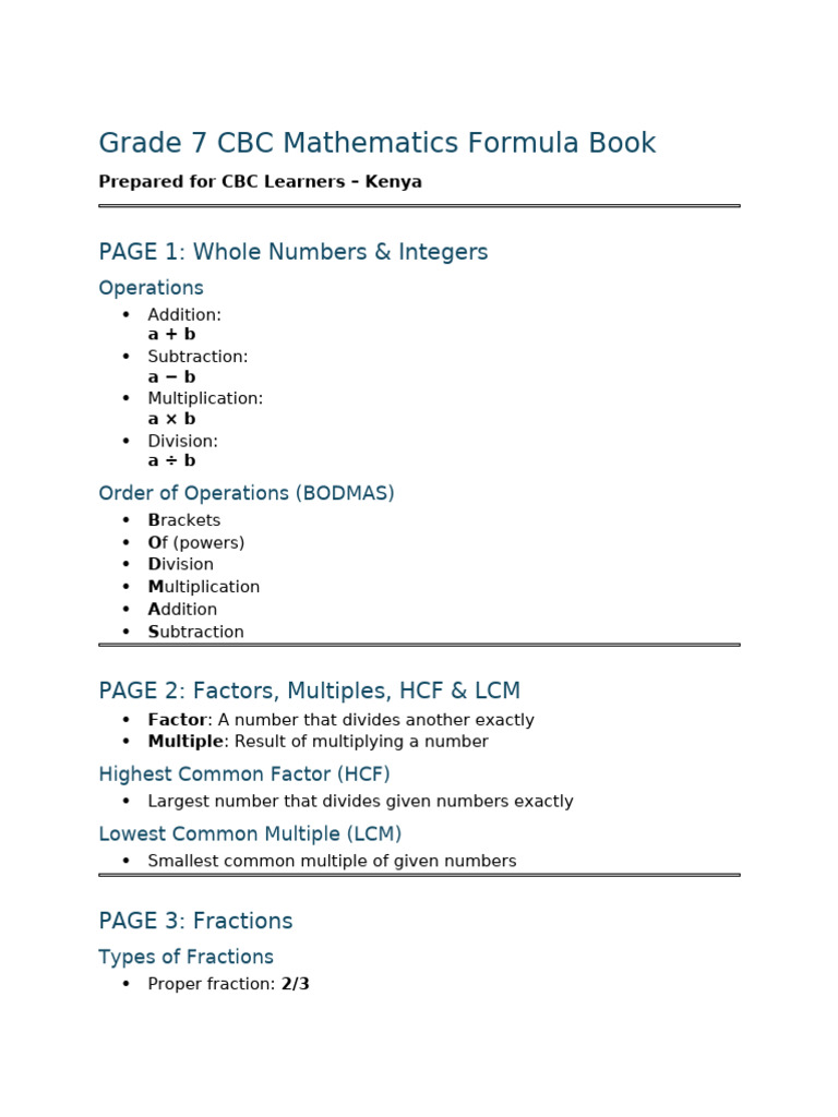 Grade 7 CBC Math Formulas Guide | PDF | Area | Number Theory