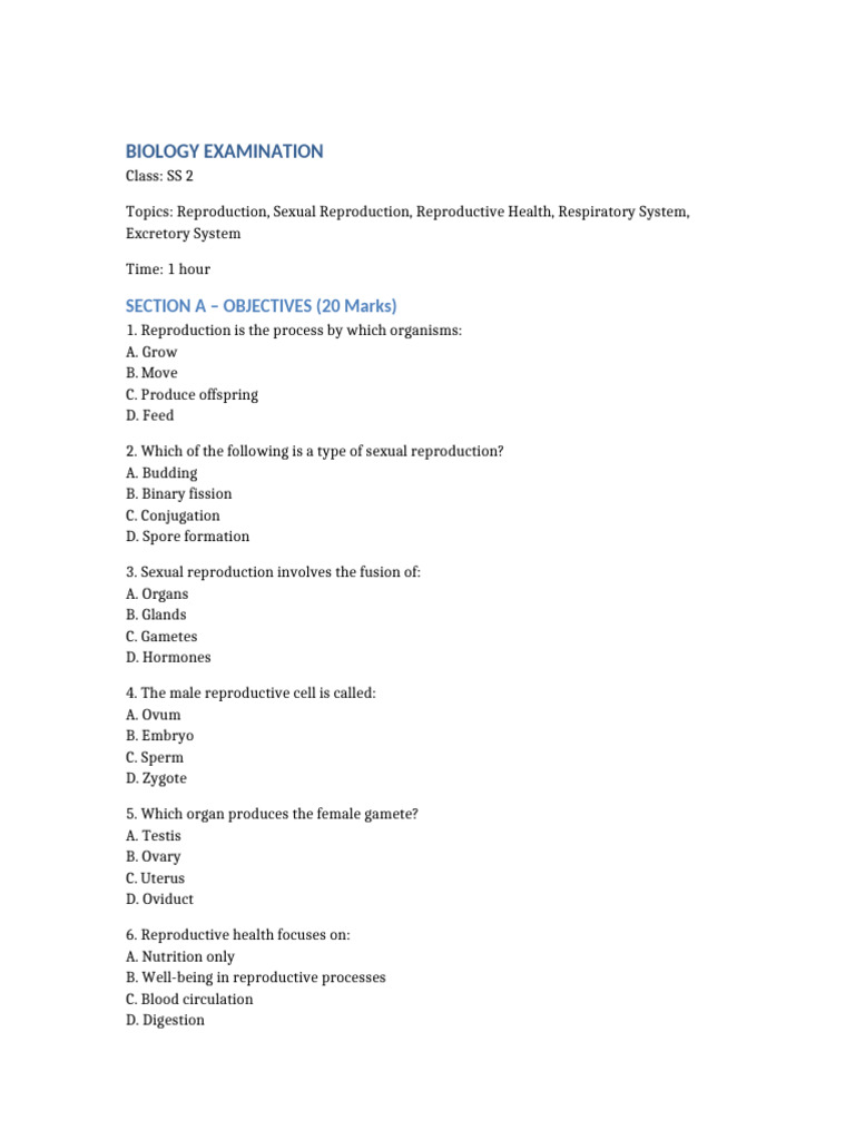 Biology Exam SS2 | PDF | Reproductive System | Sexual Reproduction