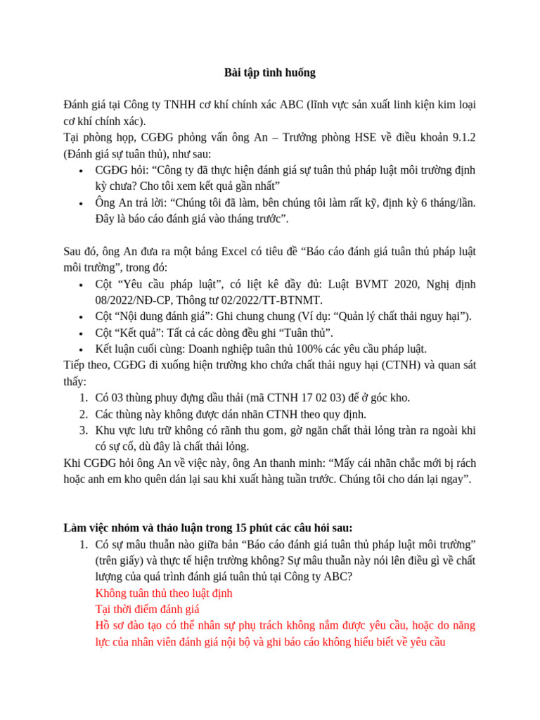 Tình Huống Bài Tập ISO 14001 | PDF