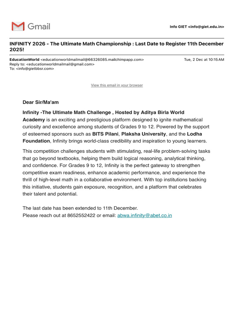 INFINITY 2026 - The Ultimate Math Championship - Last Date to Register ...