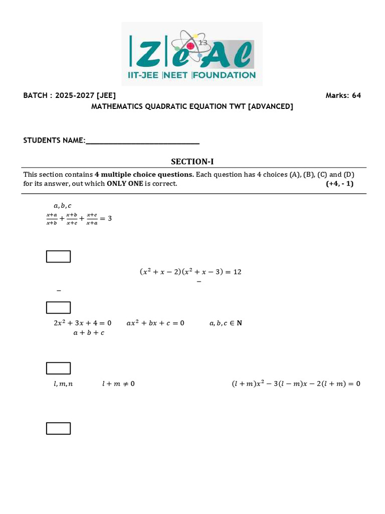 Final Quadratic Equation ADVANCED PAPER | PDF | Numbers | Polynomial