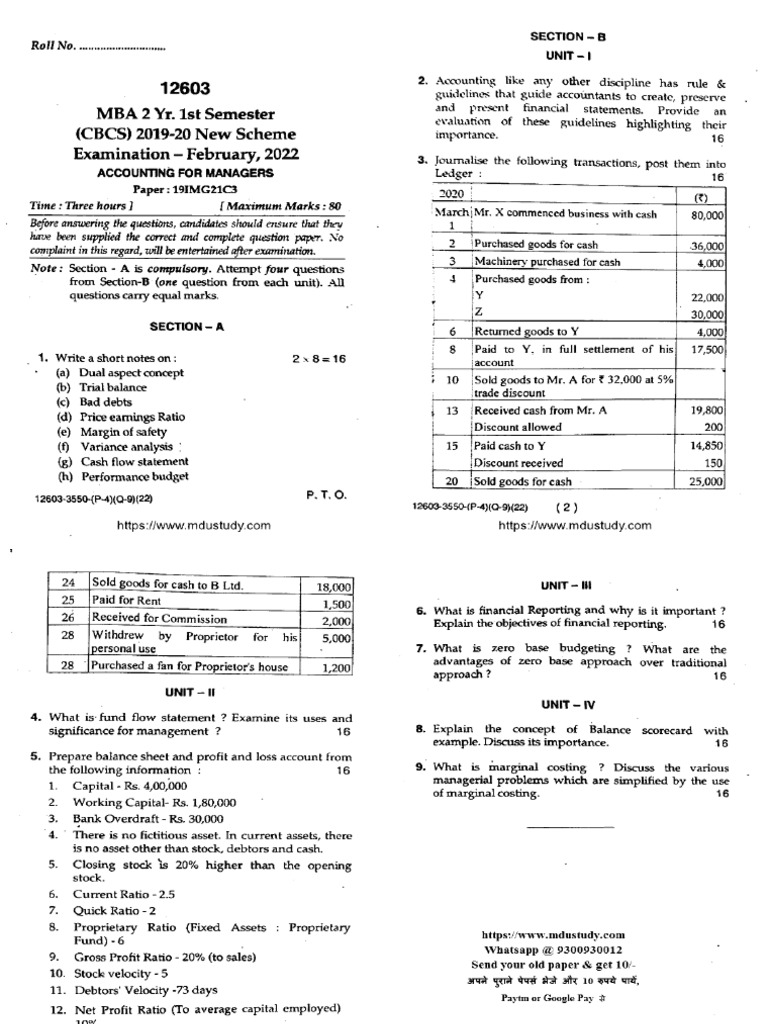 Mba 1 Sem Accounting for Managers 12603 Feb 2022 | PDF