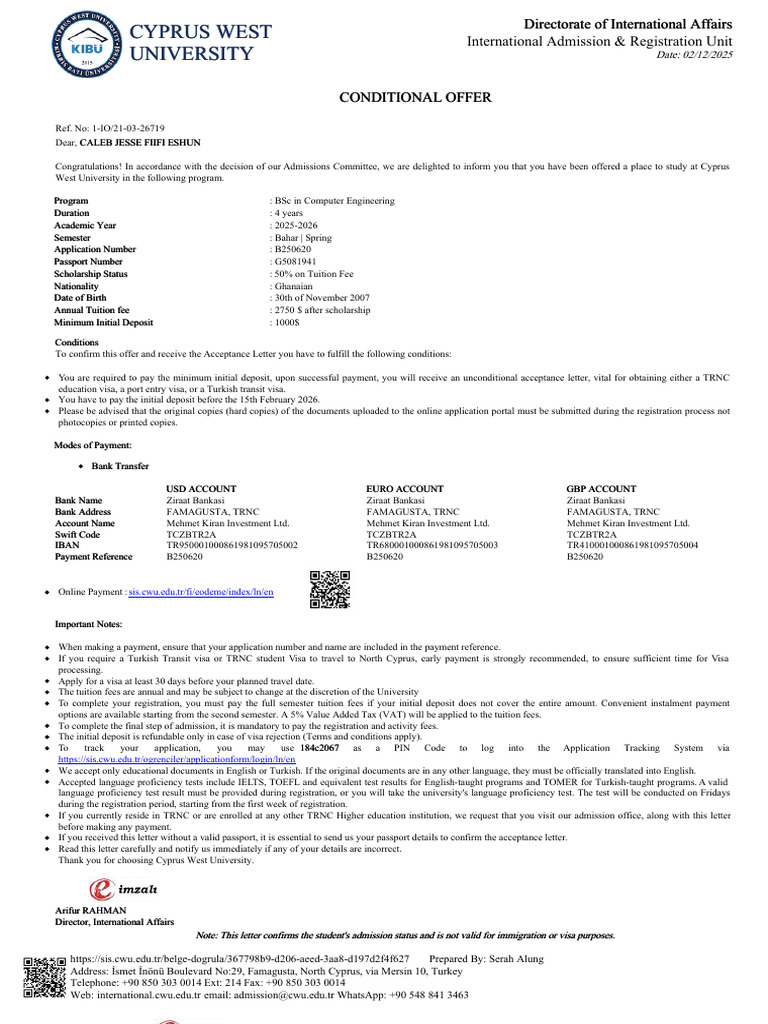 Conditional Admission Offer - Cyprus West University | PDF | Travel ...