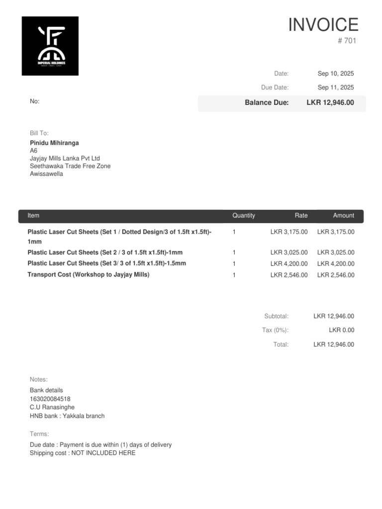 Invoice for Plastic Laser Cut Sheets | PDF