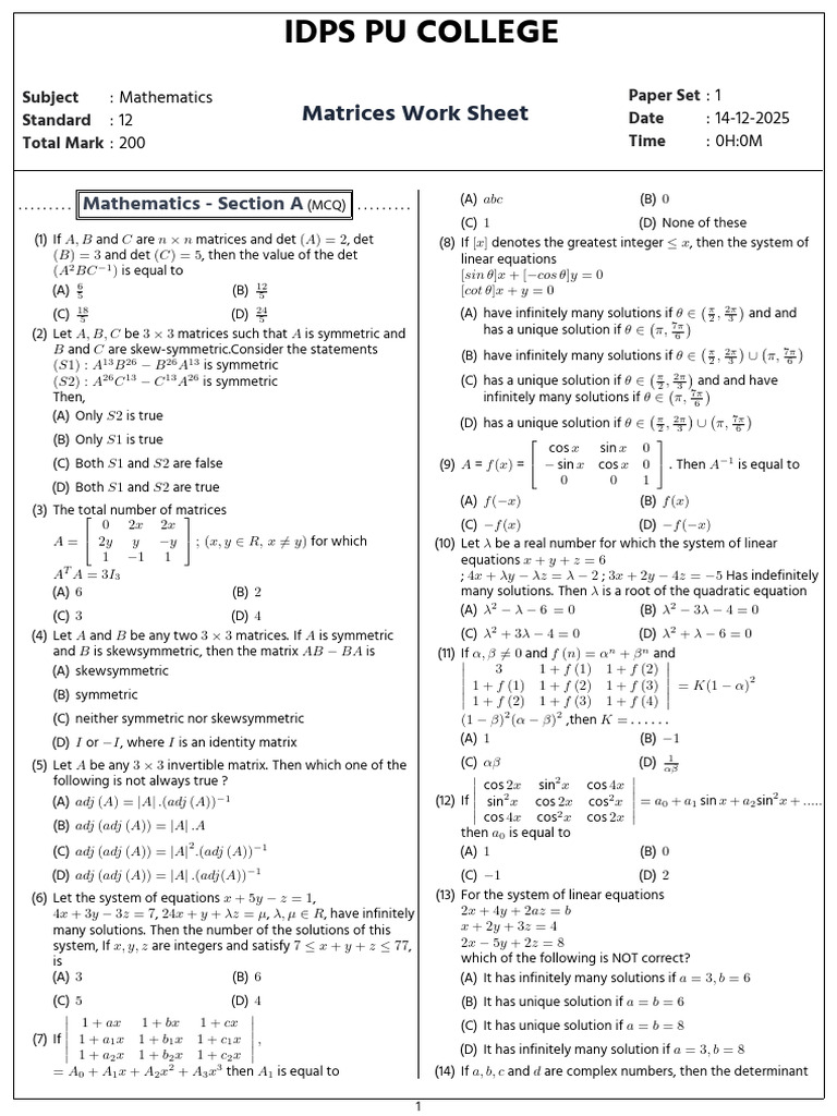 Matrices_Work_Sheet__996361_1_1765689569 | PDF | Matrix (Mathematics ...
