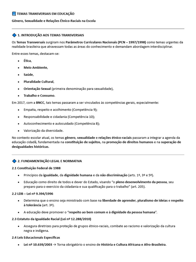 Temas Transversais na Educação Escolar | PDF | Gênero | Estudos de Gênero