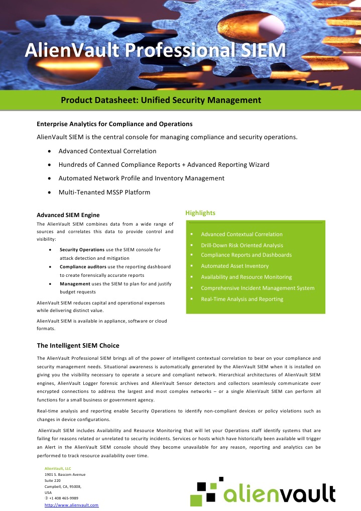 AlienVault SIEM Datasheet | PDF | Analytics | Regulatory Compliance