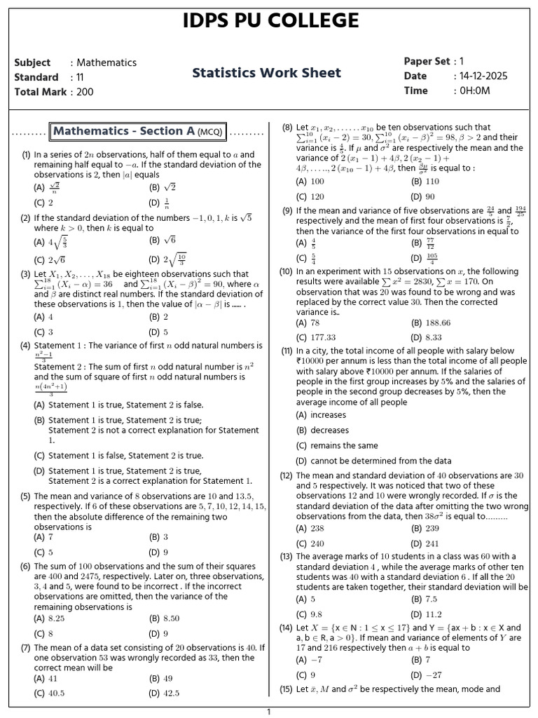 Statistics Work Sheet 996358 1 1765689389 | PDF | Variance | Standard ...