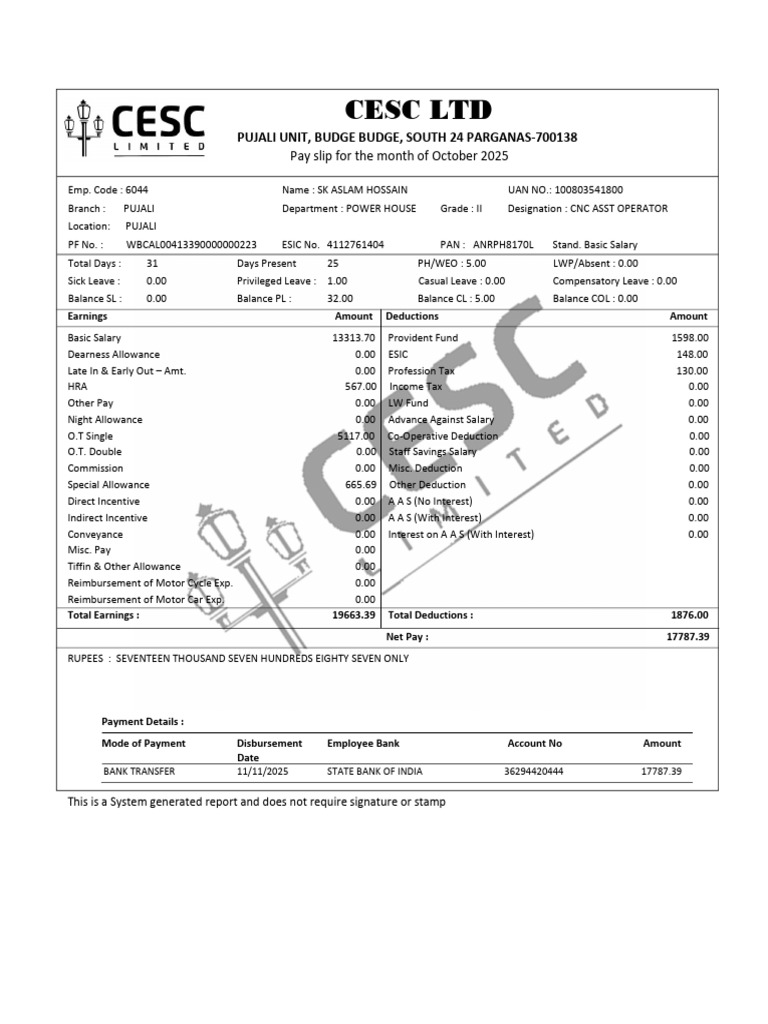 October 2025 Pay Slip for SK Aslam Hossain | PDF | Economies ...