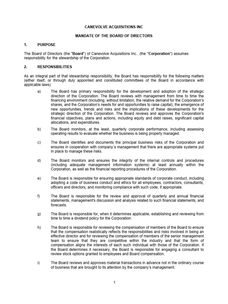 Canevolve Acquisitions Board Mandate | PDF | Committee | Board Of Directors