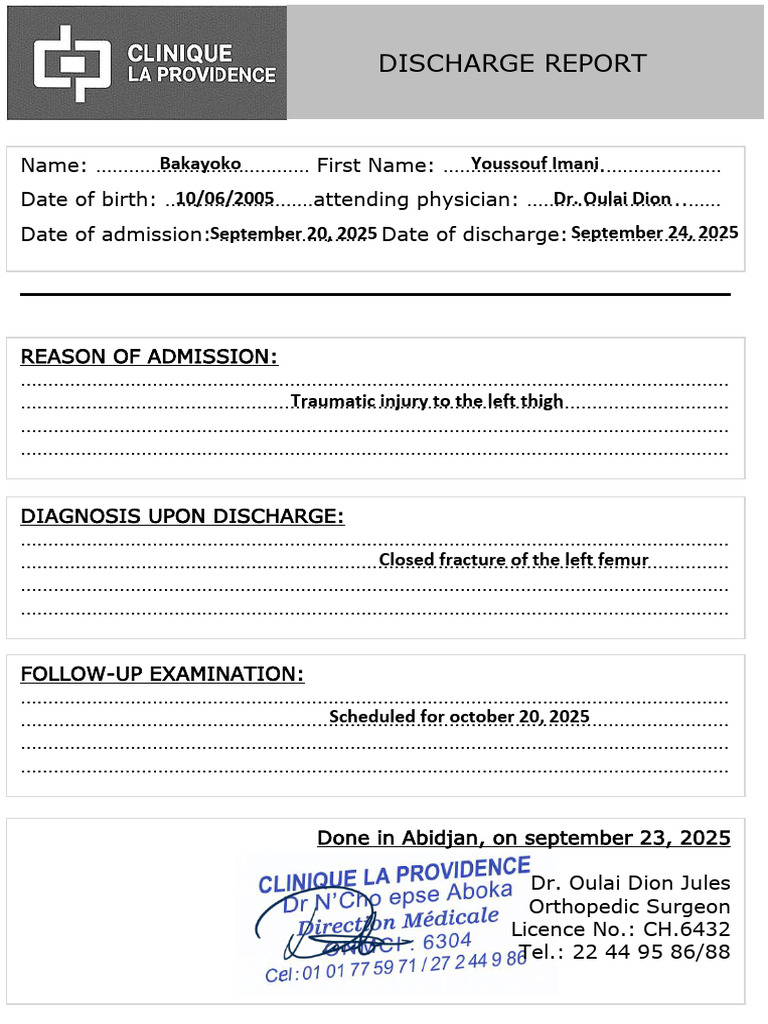 Discharge Report for Orthopedic Patient | PDF