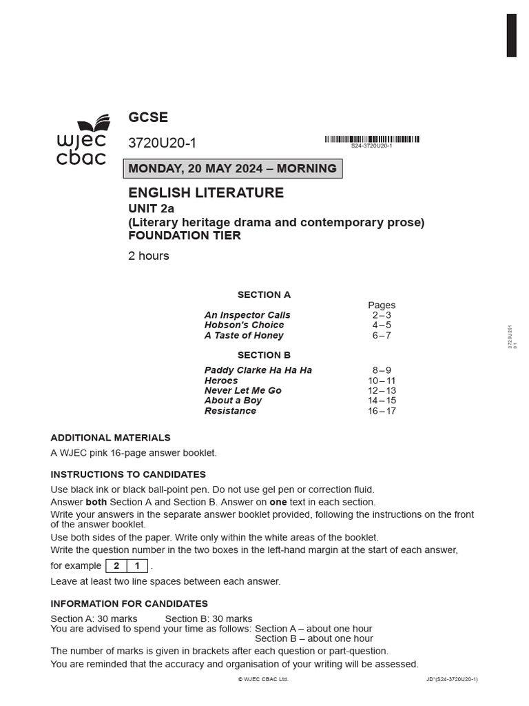 June 2024 QP - Unit 2A (F) WJEC English Literature GCSE | PDF