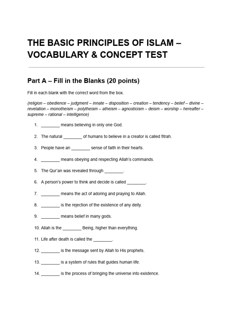 Islam Vocabulary and Concept Test | PDF | Monotheism | God