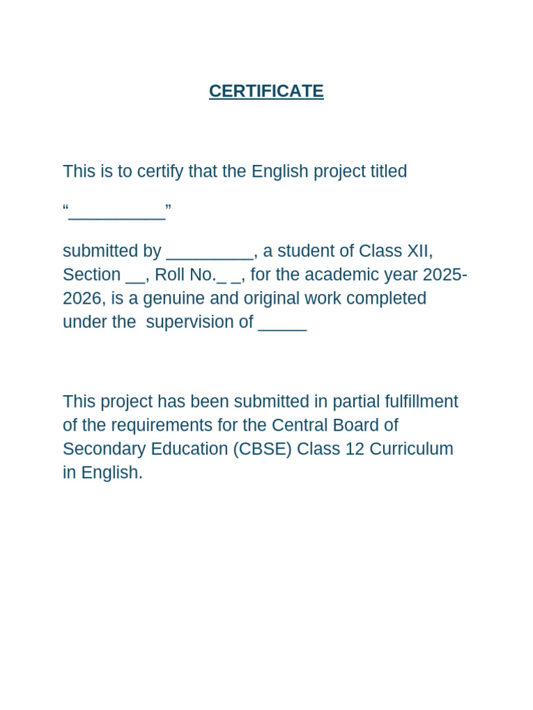 CBSE Class 12 English Project Certificate | PDF