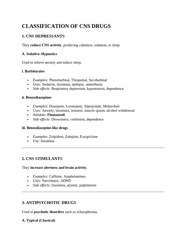 CNS Drug Classification Guide | PDF | Insomnia | Analgesic