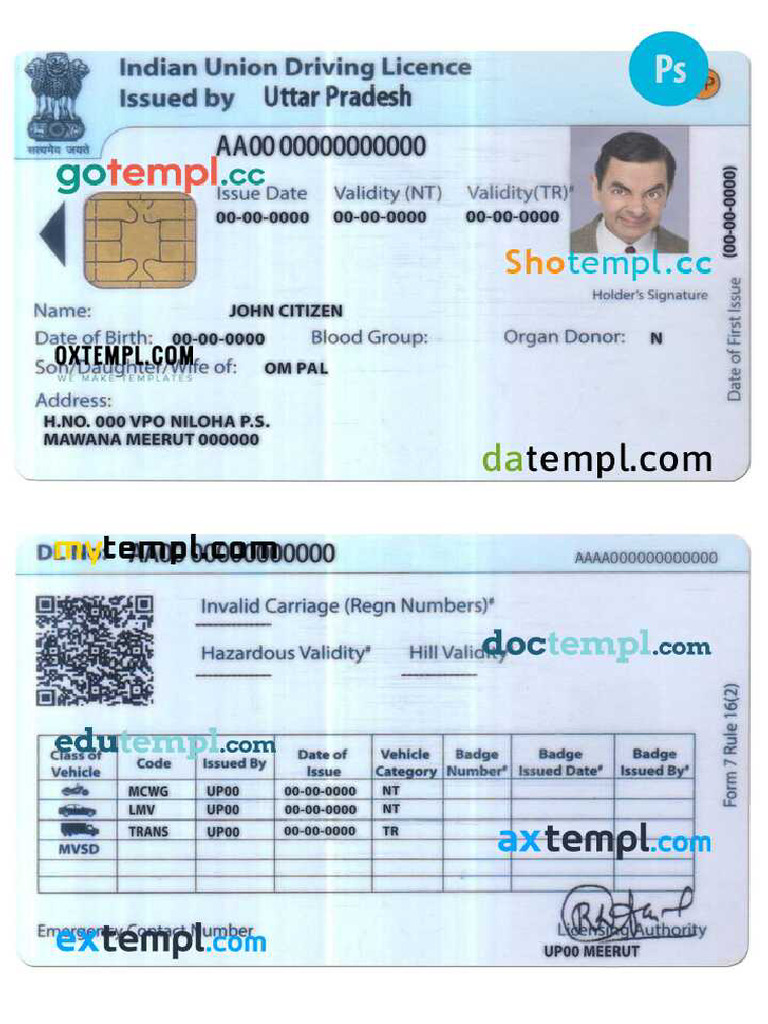 India Union Driving License Template in PSD Format, Fully Editable | PDF