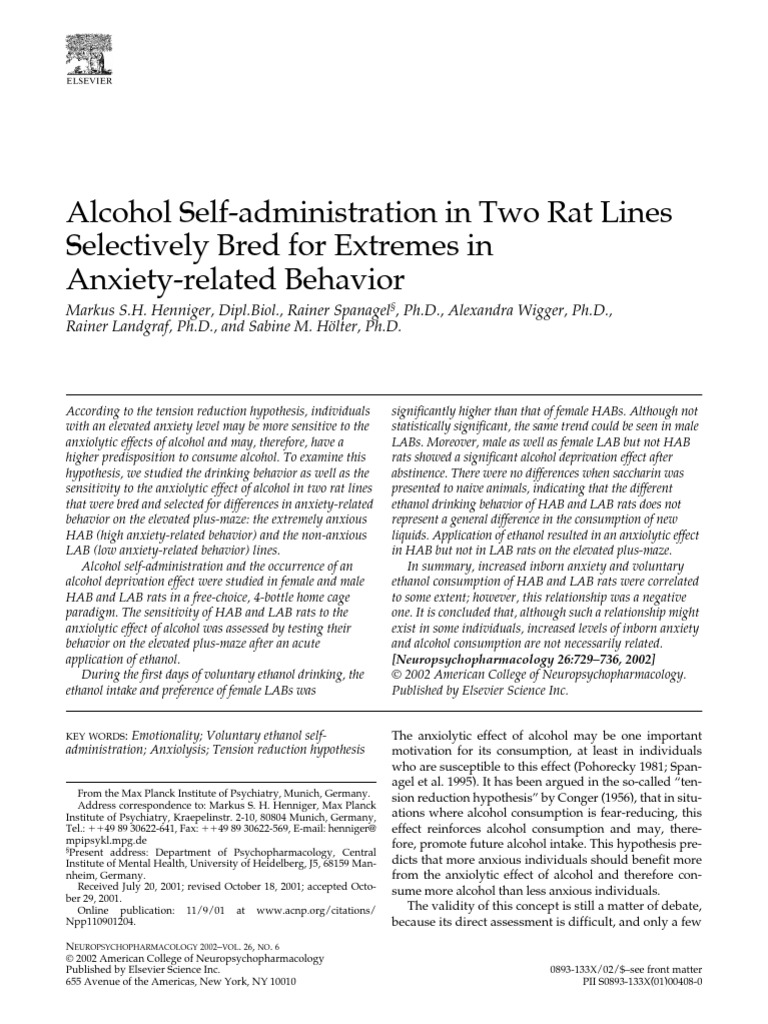 Alcohol Consumption in Anxiety-Bred Rats | PDF | Analysis Of Variance ...