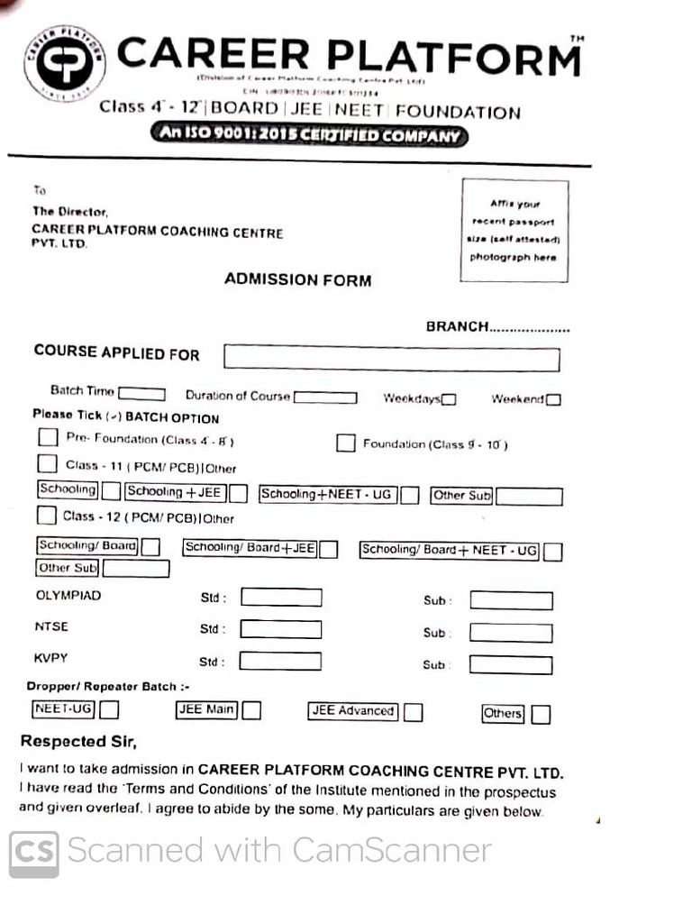 Meta Classes Admission Form | PDF