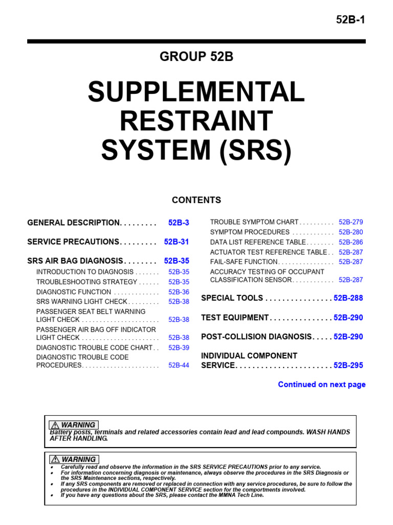 Supplemental Restraint System (SRS) : Group 52B | PDF | Airbag | Seat Belt