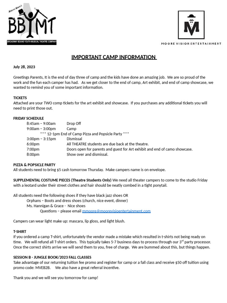Important Camp Info & Schedule Update | PDF